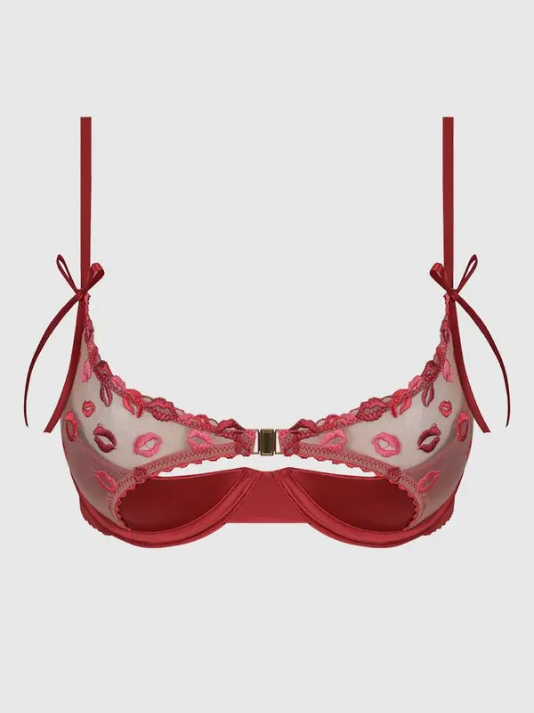 Frederick's Of Hollywood Angelica Lips Embroidery Open Cup Bra - Crimson Red / Pink Dragon