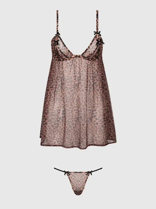 Frederick's Of Hollywood Kaia Mesh Underwire Babydoll & G-string Set - Leopard