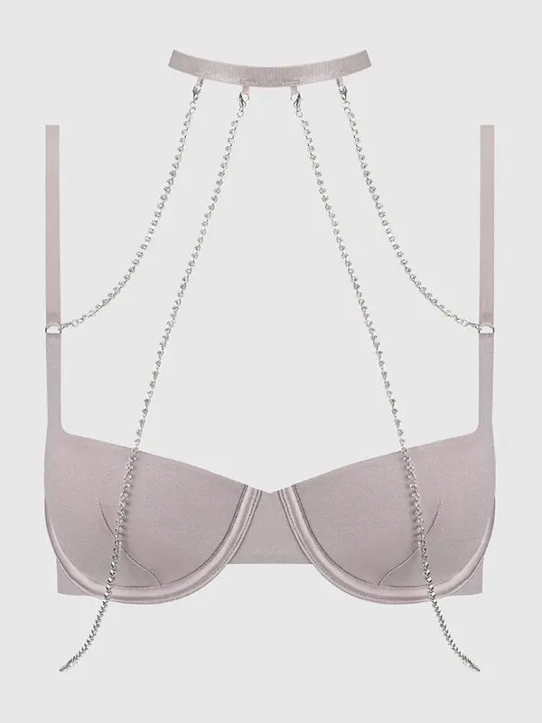 Frederick's Of Hollywood Pia Shine Mesh Demi Bra With Rhinestone Halter - Silver Grey