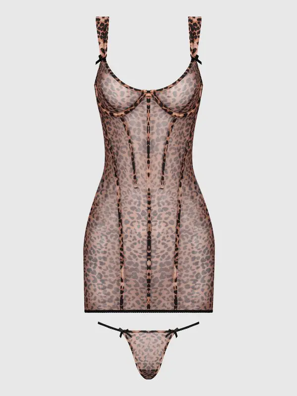 Frederick's Of Hollywood Kaia Mesh Underwire Chemise & G-string Set - Leopard