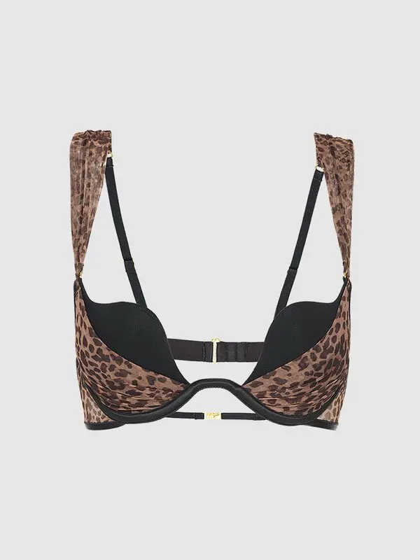 Frederick's Of Hollywood Rising Star Plunge Push Up Bra In Alanza Fine Mesh - Leopard