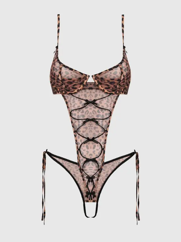 Frederick's Of Hollywood Kaia Mesh Crotchless Teddy - Leopard
