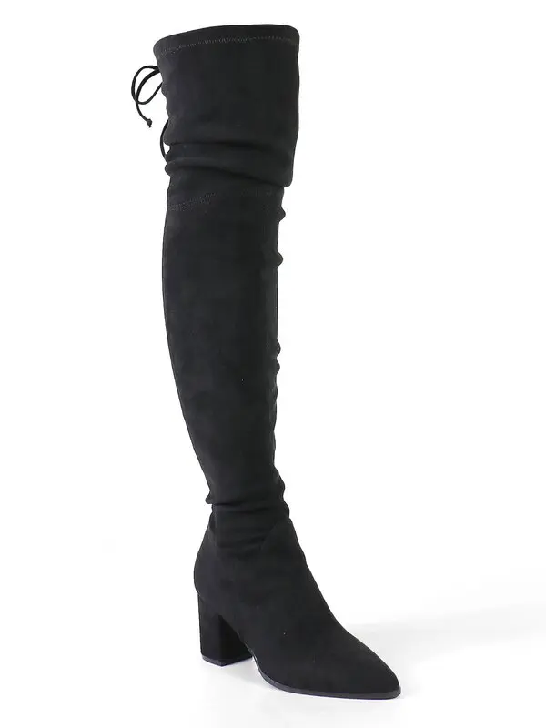 Frederick's Of Hollywood Stretchy Thigh High Stacked Heel Boots - Black