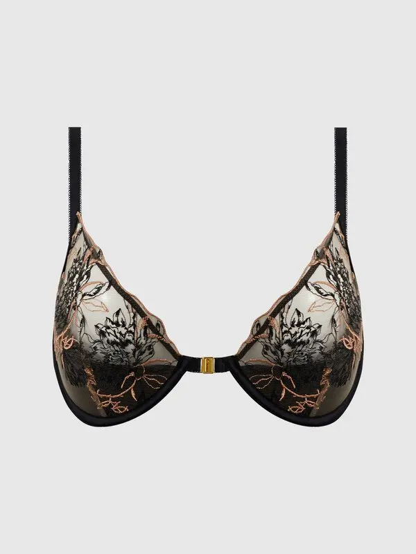 Frederick's Of Hollywood Delfina Embroidered Push Up Bra With Front Clasp - Black/taupe