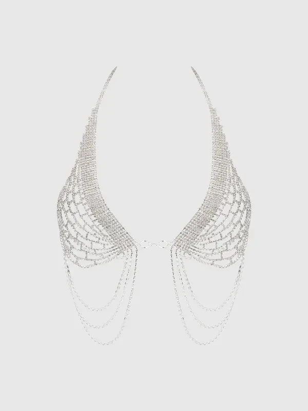 Frederick's Of Hollywood Ziggy Rhinestone Net Halter With Openable Front - Silver