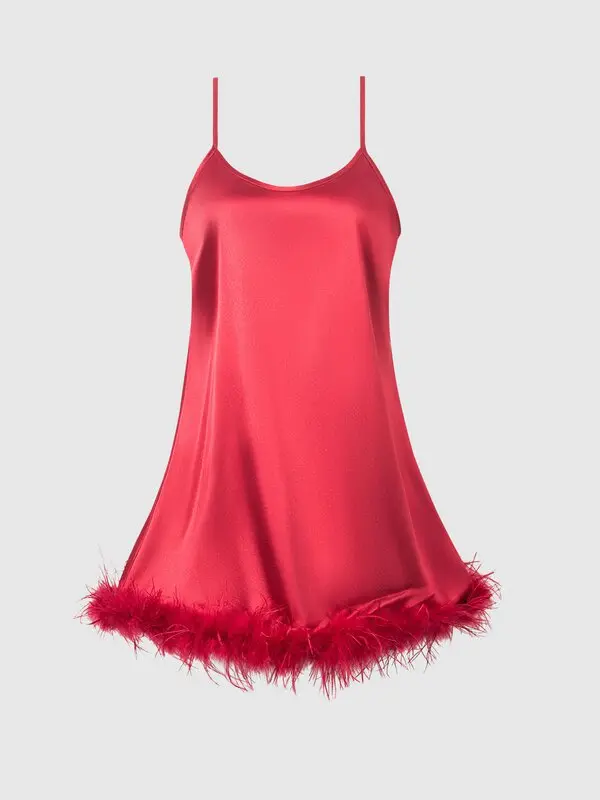 Frederick's Of Hollywood Scarlett Satin & Feather Sleep Slip - Crimson Red
