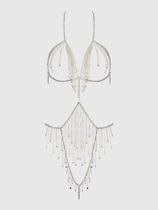 Frederick's Of Hollywood Ziggy Rhinestone Dangle Fringe Teddy - Silver