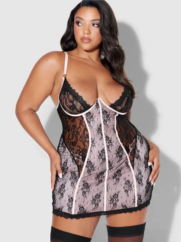 Frederick's Of Hollywood Rosalind Satin & Lace Underwire Chemise - Black/light Pink