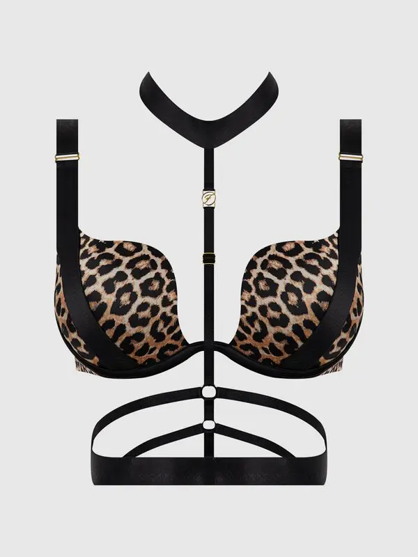 Frederick's Of Hollywood Rising Star Plunge Push Up Bustier In Petra Satin - Leopard/black