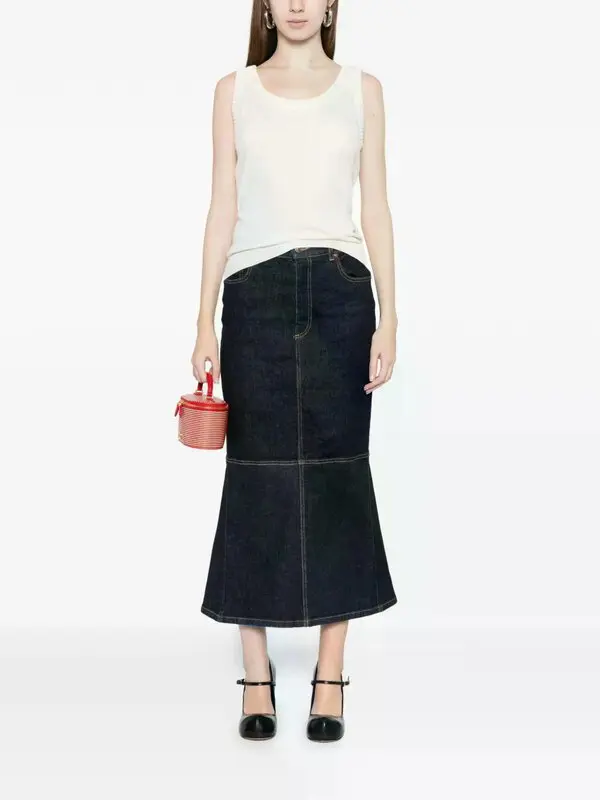 Moschino Flared Denim Midi Skirt With Heart Embroidery