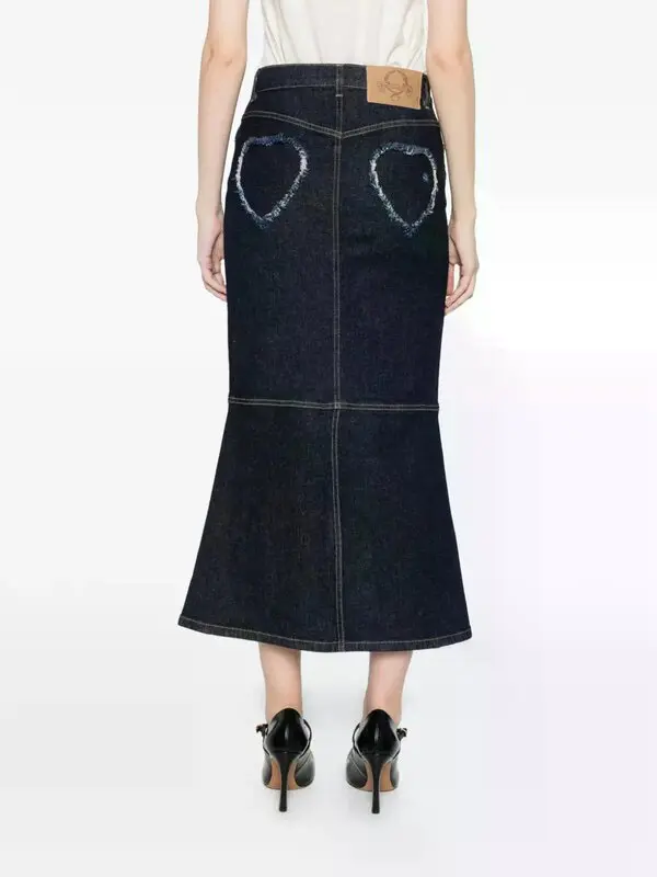 Moschino Flared Denim Midi Skirt With Heart Embroidery