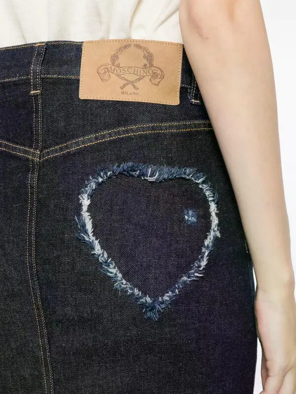 Moschino Flared Denim Midi Skirt With Heart Embroidery
