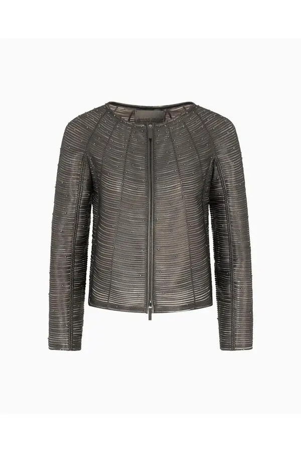 Giorgio Armani Pearlised Nappa Leather Jacket With Applied Studs - Brown / Neutral