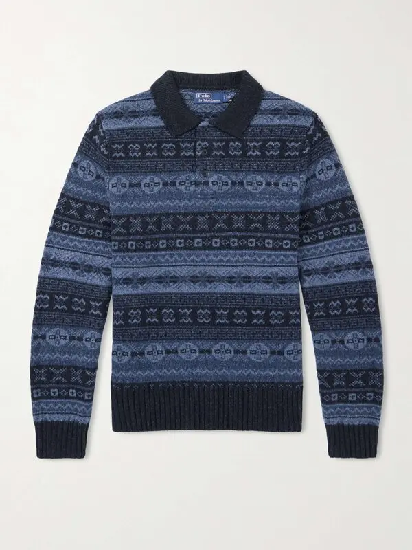 Polo Ralph Lauren Fair Isle Wool And Linen-blend Polo Sweater - Navy