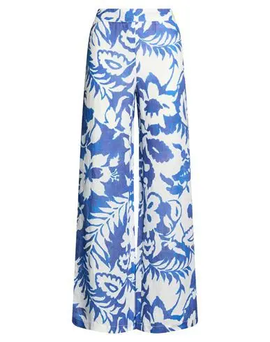 120% Lino Floral-print Wide-leg Linen Pants - Blue