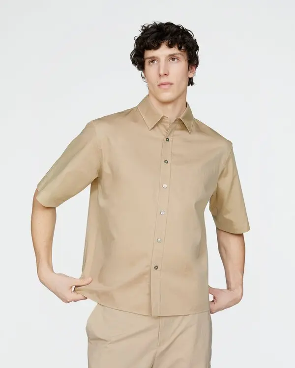 ATM Anthony Thomas Melillo Cotton Poplin Short Sleeve Button Down Shirt - Macadamia