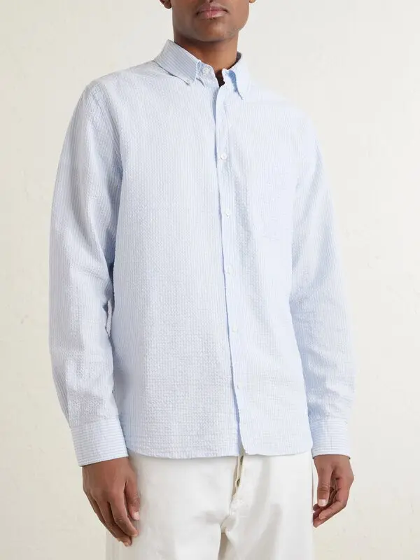 Mr P. Button-down Collar Striped Cotton-seersucker Shirt - Blue