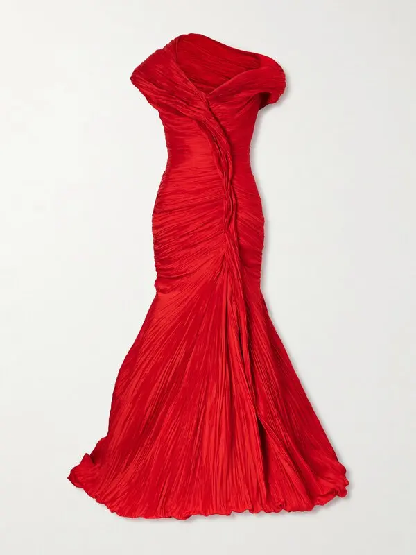 MARMAR HALIM One-shoulder Plissé Chiffon Gown