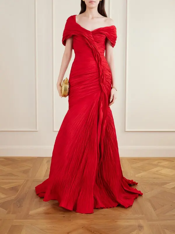 MARMAR HALIM One-shoulder Plissé Chiffon Gown