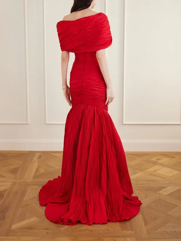MARMAR HALIM One-shoulder Plissé Chiffon Gown