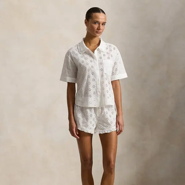 Ralph Lauren Eyelet Cotton Shirt & Short Pajama Set - White Cloud