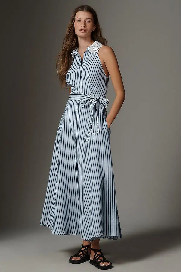 EN SAISON Sleeveless Tie-waist Midi Dress - Blue Stripe