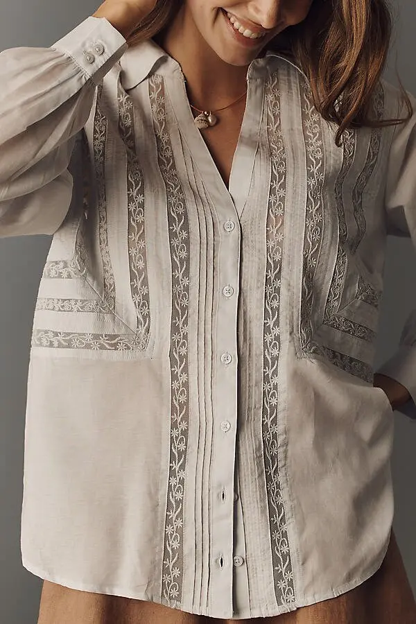 Anthropologie Lace Inset Buttondown Top