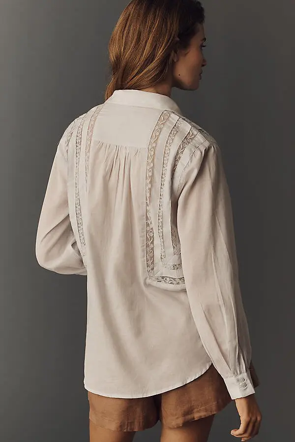Anthropologie Lace Inset Buttondown Top
