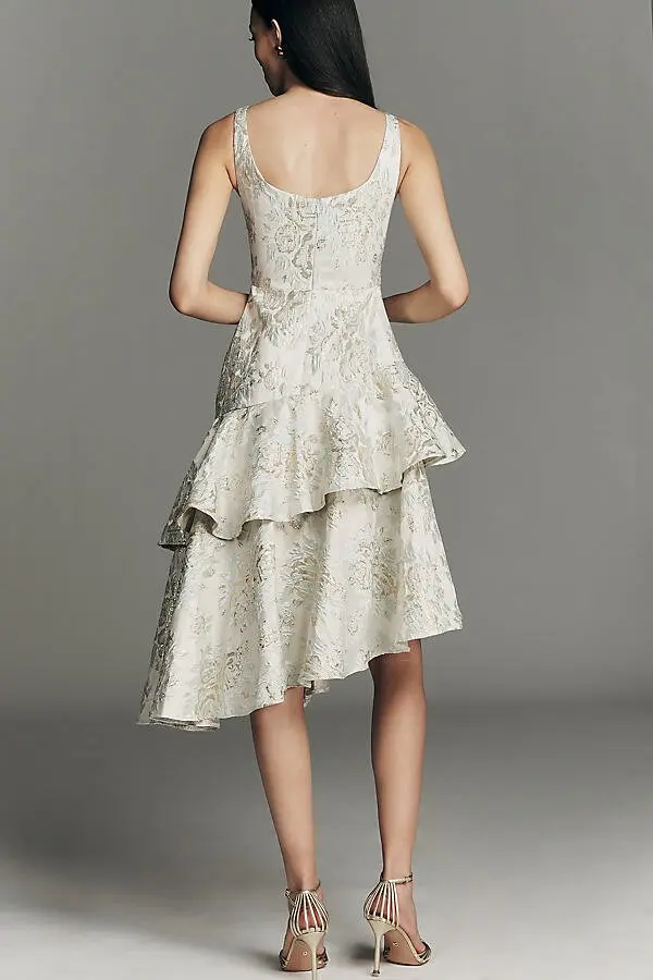 Mac Duggal 3d Floral Tiered Brocade Midi Dress