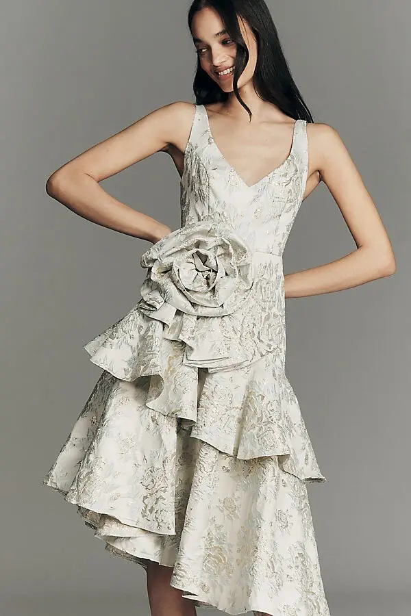 Mac Duggal 3d Floral Tiered Brocade Midi Dress