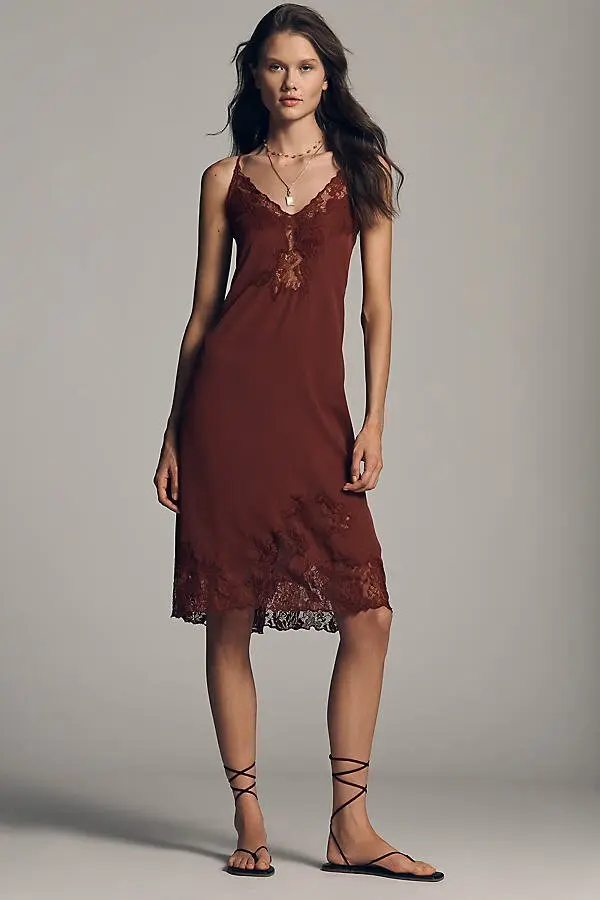 LYREBIRD Silky Lace Midi Slip Dress - Madder Brown