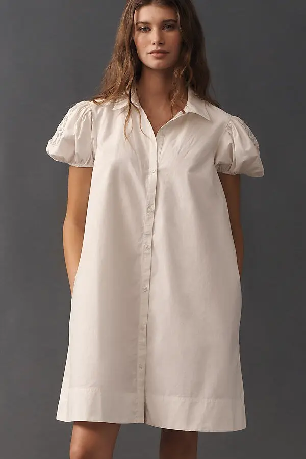 Maeve Embroidered Puff-sleeve Mini Shirt Dress