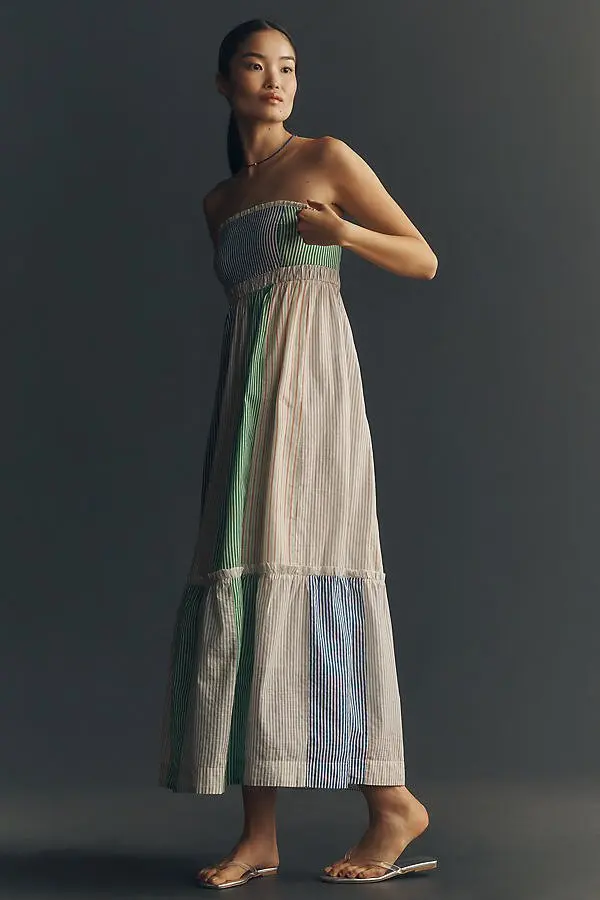 Maeve Cotton Strapless Colorblock Midi Dress - Mixed Stripe