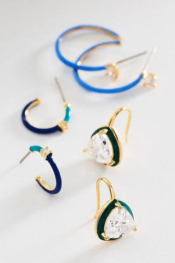 Anthropologie Enamel Hoop And Crystal Drop Earrings Set Of 3 - Blue