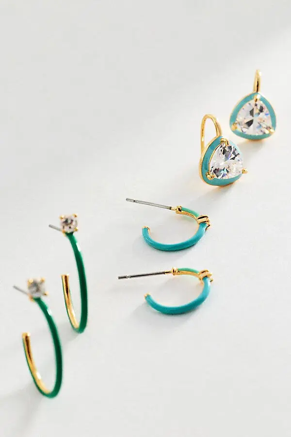 Anthropologie Enamel Hoop And Crystal Drop Earrings Set Of 3 - Green