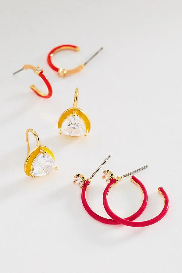 Anthropologie Enamel Hoop And Crystal Drop Earrings Set Of 3 - Pink