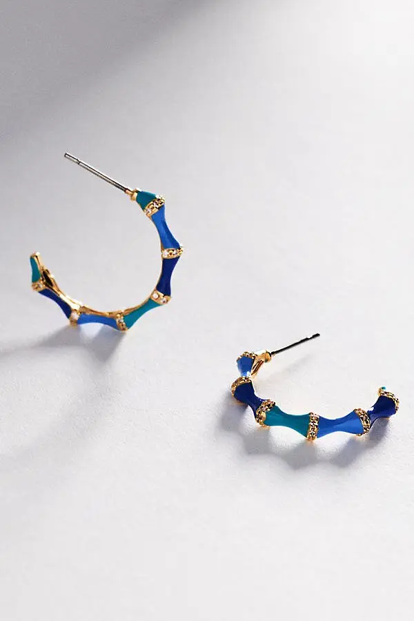 Anthropologie Bamboo Enamel Hoop Earrings - Blue