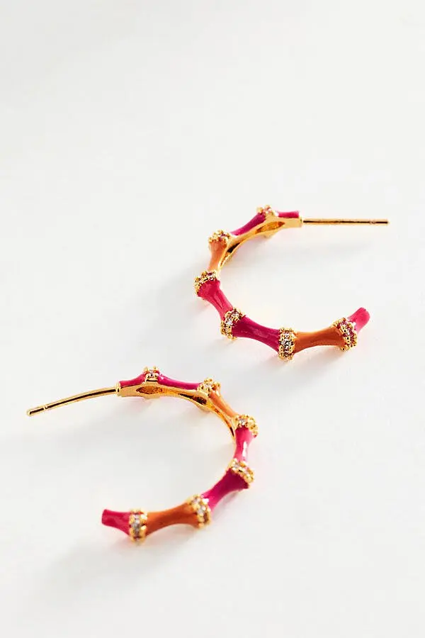 Anthropologie Bamboo Enamel Hoop Earrings - Pink
