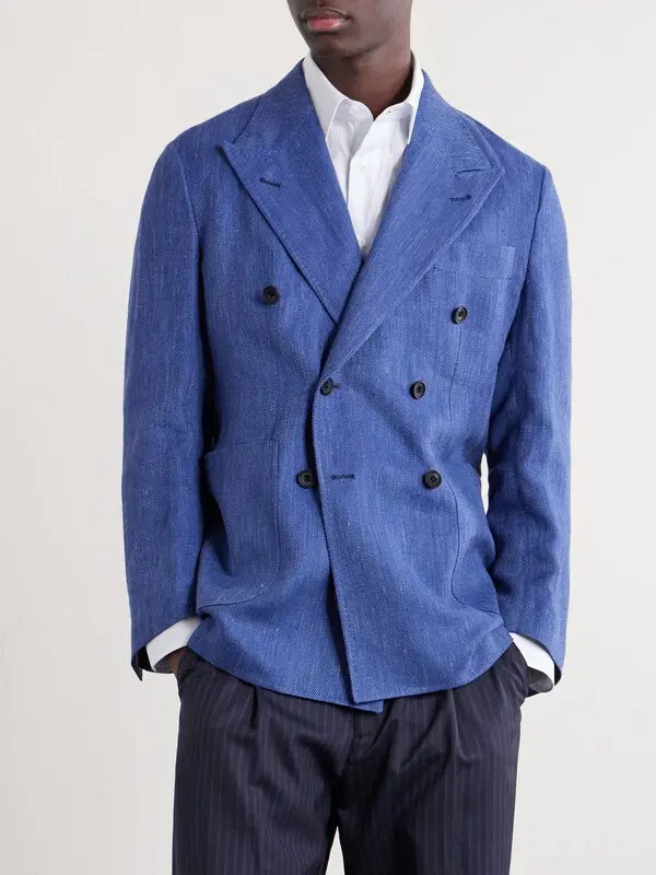 Rubinacci Double-breasted Linen And Wool-blend Suit Jacket - Blue