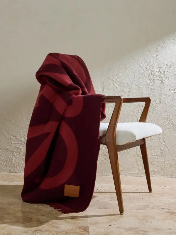 Loewe Anagram Leather-appliquéd Fringed Logo-jacquard Wool And Cashmere-blend Blanket - Burgundy