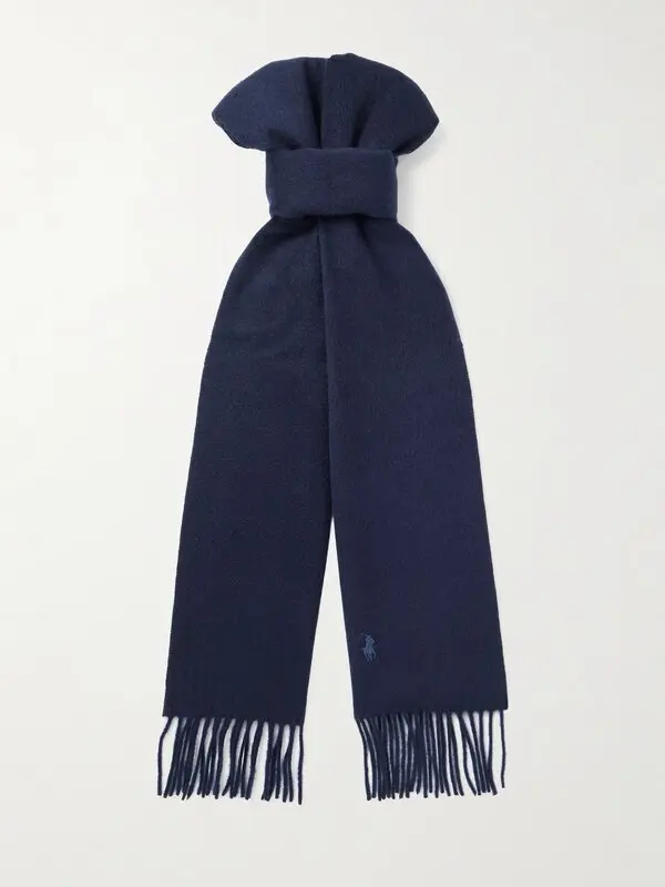 Polo Ralph Lauren Fringed Logo-embroidered Cashmere Scarf - Blue