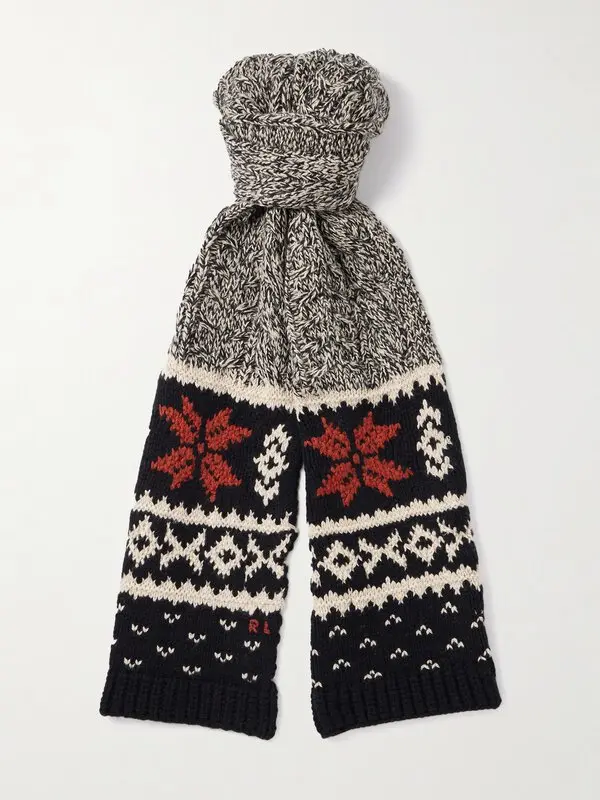 Polo Ralph Lauren Cable-knit And Fair Isle Wool, Cotton And Linen-blend Scarf - Black