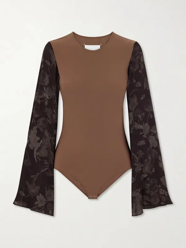 MAISON MARGIELA Floral-print Silk Chiffon-trimmed Jersey Bodysuit - Brown