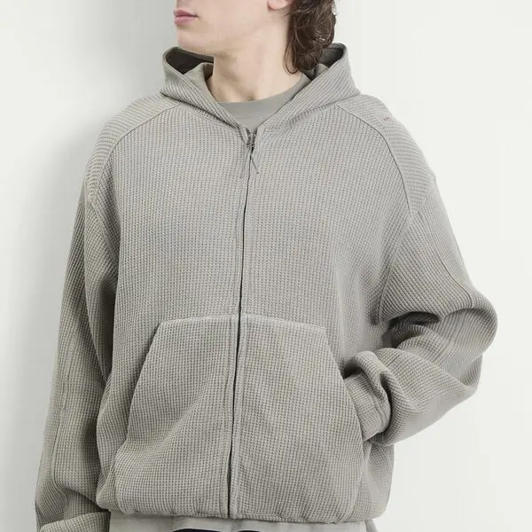 ROA Bee Sun Faded Organic Waffle Zip Up Hoodie - Grey