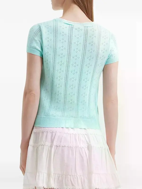 TOUT A COUP Tie Neck Openwork Sweater - Blue