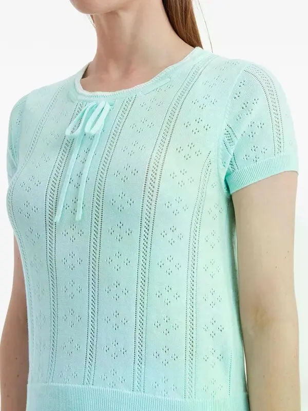 TOUT A COUP Tie Neck Openwork Sweater - Blue