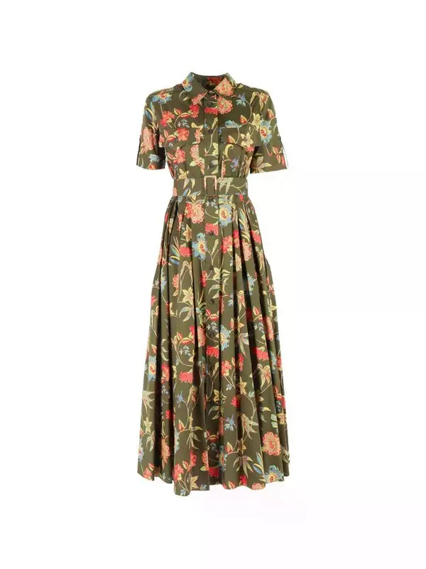 FAY Floral Belted Midi Shirt - Green
