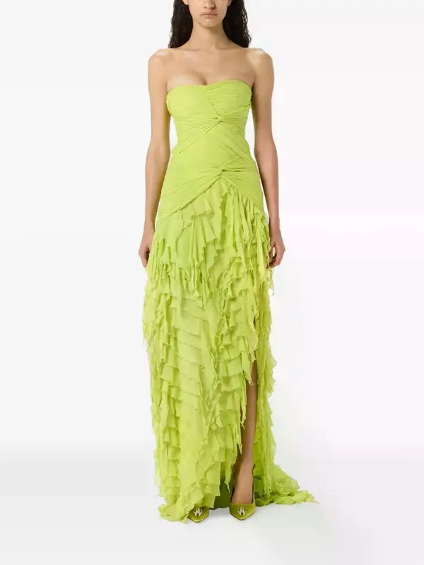 Blumarine Ruched Ruffled Maxi Dress - Green