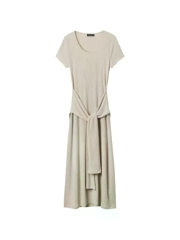 TOUT A COUP Ribbed Tie Midi Dress - Neutrals