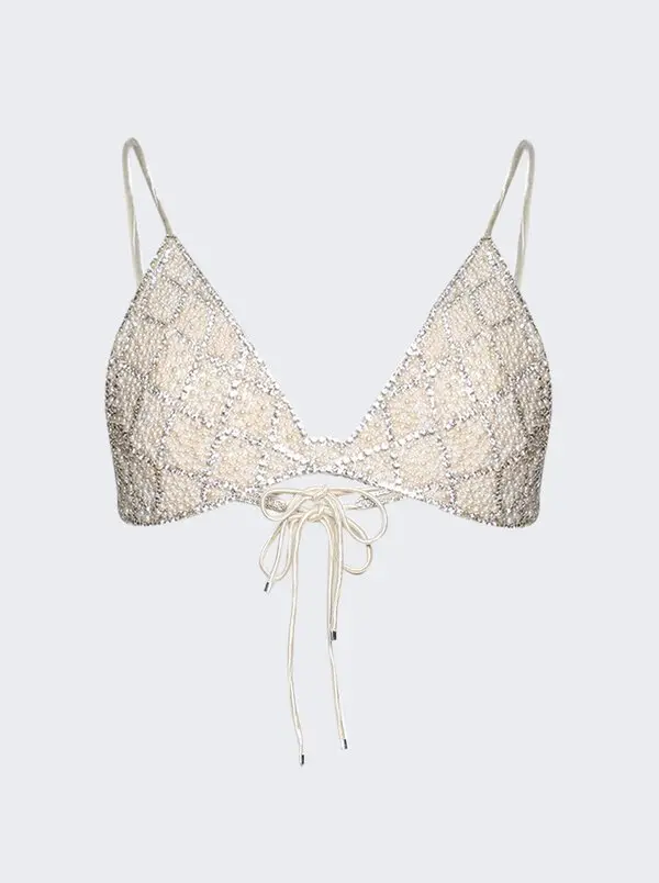 GRACE FAENA Pearl And Crystal Beaded Bralette Chalk - White